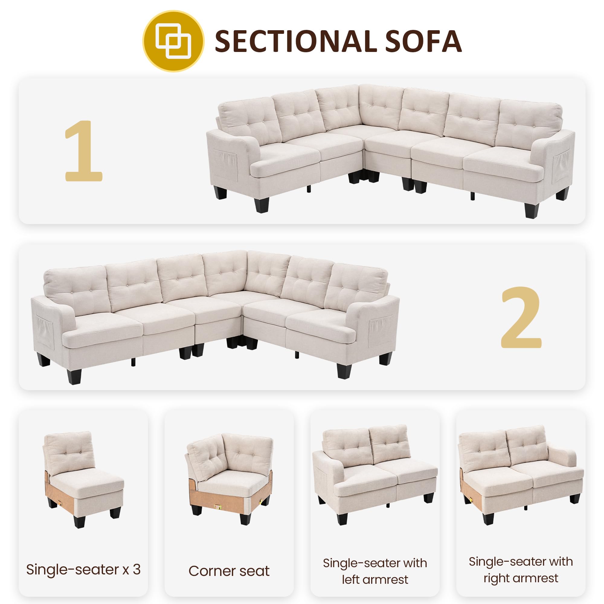May in Color 6 Pieces I Shaped Couch with Solid Wood Frame and Thick Legs, Modern White Modular Sectional Sofa, Polyester Fabric Big Sofa Bed, Large Sleeper Couch for Living Room
