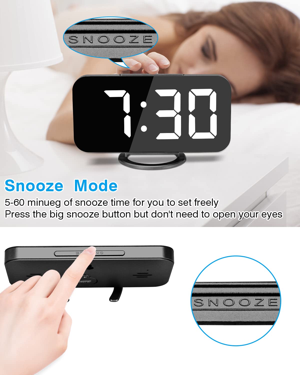 Digital Alarm Clocks,7" LED Mirror Electronic Clock,with 2 USB Charging Ports,Snooze Mode,Auto Adjust Brightness,Modern Desk Wall Clock for Bedroom Living Room Office - Black