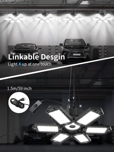 LED Garage Light, 185W 18500LM Plug in LED Shop Light, Linkable Garage Light with Plug Deformable 6 Panels, 6500K LED Garage Ceiling Lights for Garage, Warehouse, Barn, Basement Built-in ON/Off