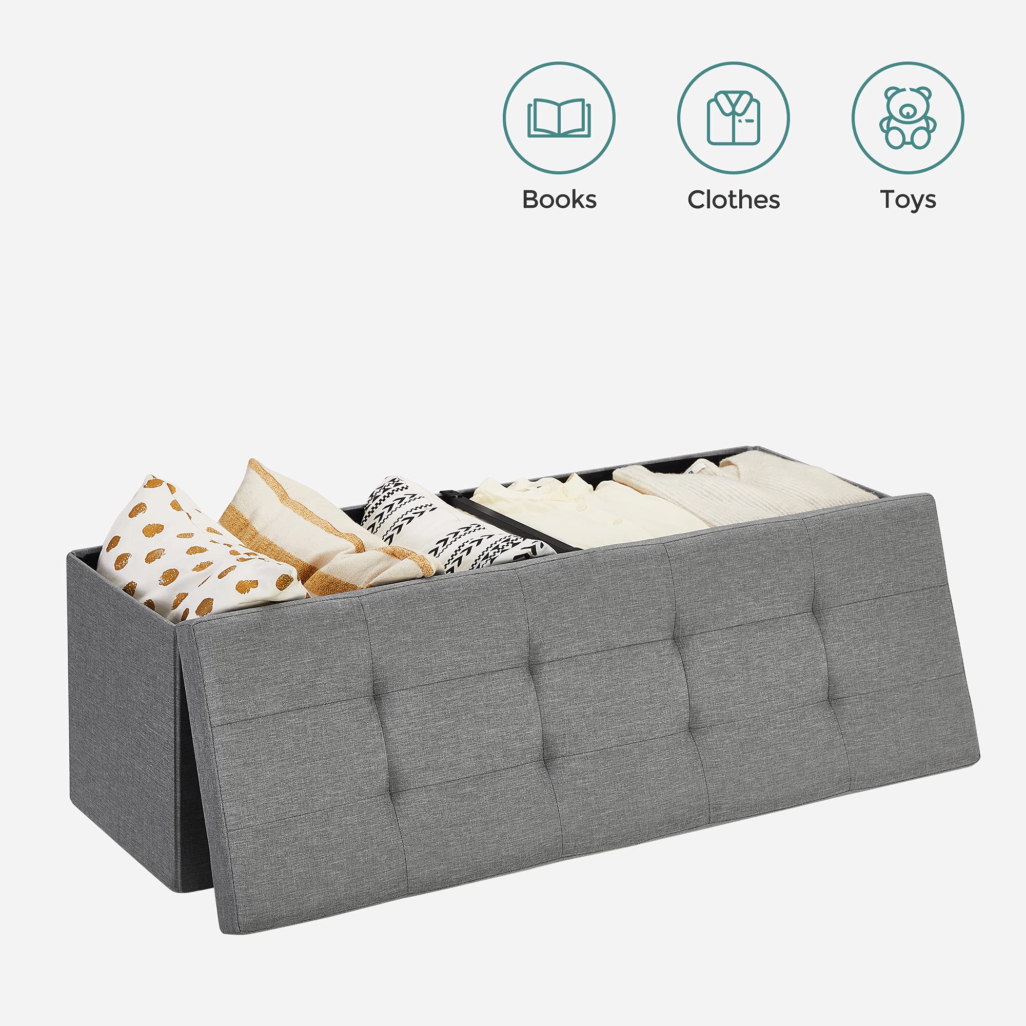SONGMICS Storage Ottoman, Foldable Storage Bench, 15 x 43 x 15 Inches, Flipping Lid, 660 lb Load Capacity, for Entryway, Living Room, Bedroom, Ash Gray ULSF71G