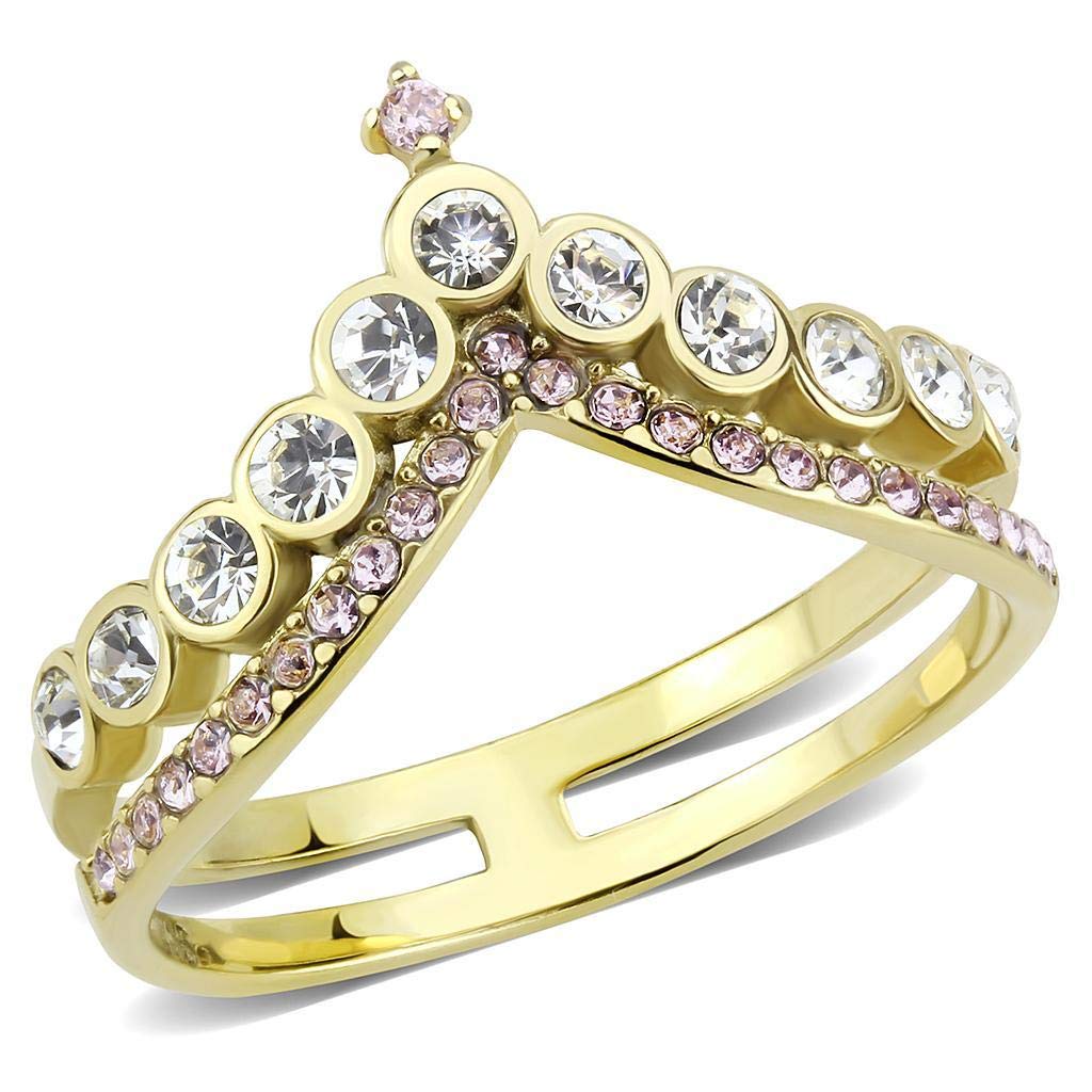 Eternal Sparkles Women's Stainless Steel Cubic Zirconia Multicolor Minimal Tiara Chevron Ring (Pink, 5)