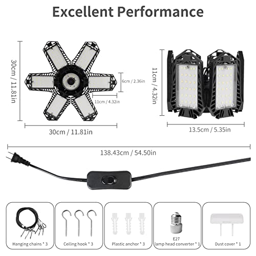 LED Garage Light with 6 Adjustable Panels, 16000 LM Plug in Linkable LED Shop Light, 160W 6500K Deformable Garage Lights Ceiling Led Light Fixtures with Built-in ON/Off Switch(1 Pack)