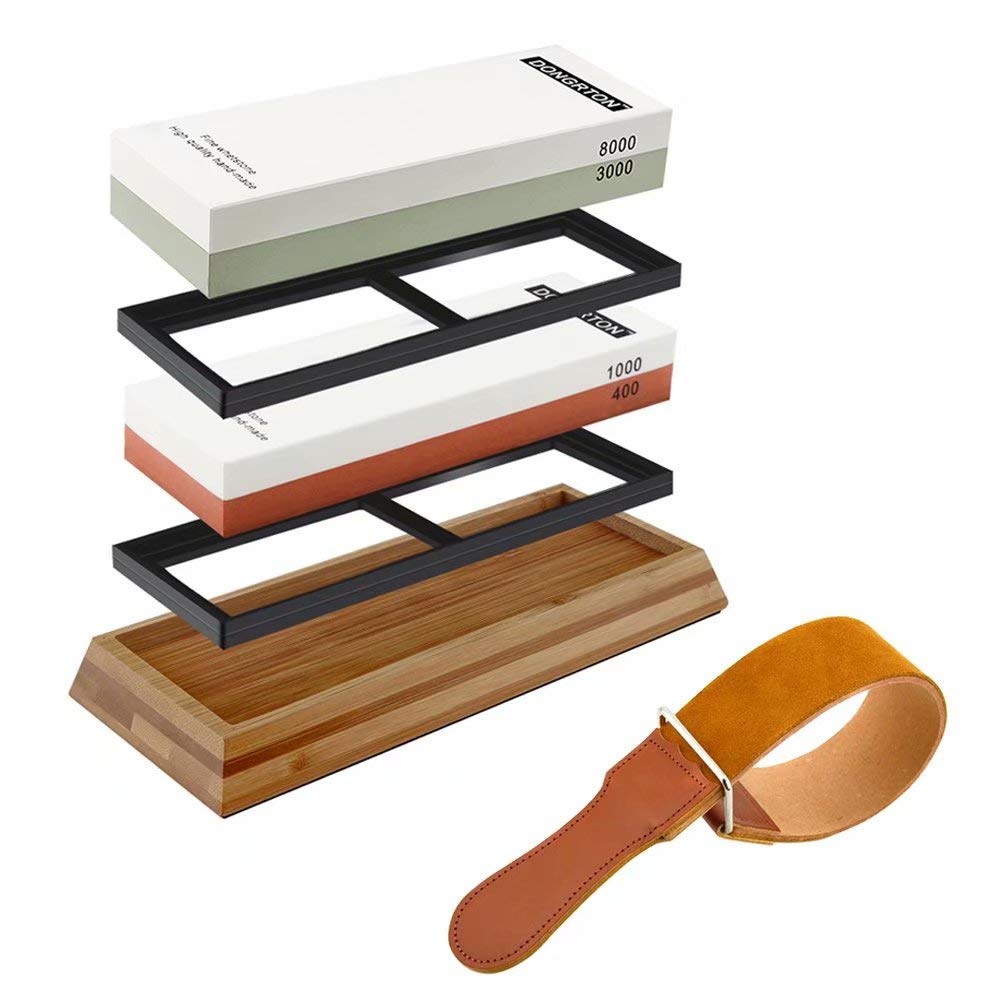 DONGRTON Knife Sharpening Stone Set Premium Whetstone Kit 400/1000 3000/8000 Grit Waterstone for Knife Sharpener Stone Leather Strop Non-Slip Bamboo Base