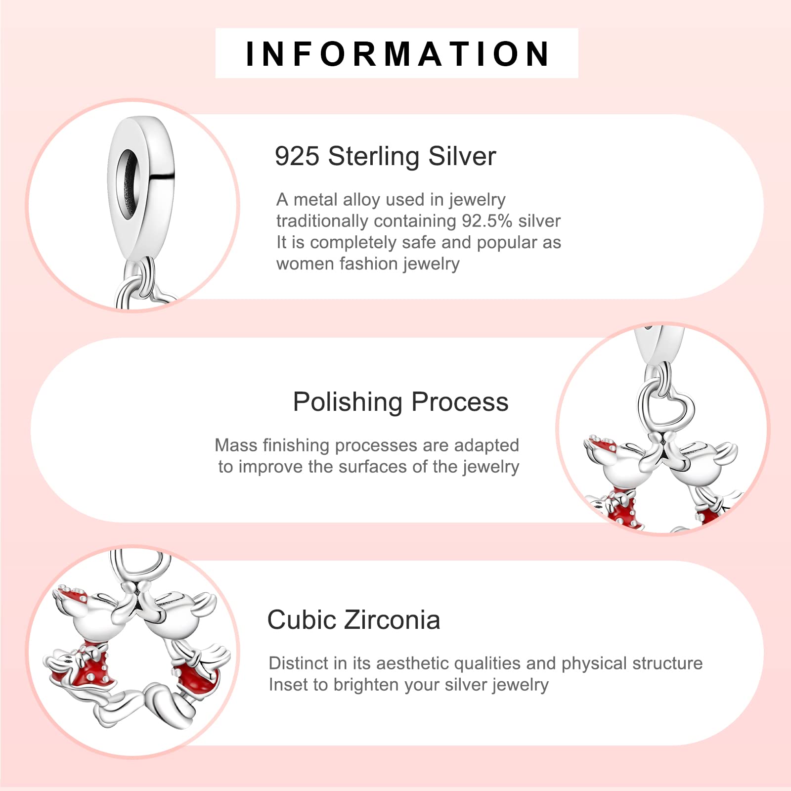 HAEPIAR Mickey&Minnie Kissing S925 Silver Charm for Bracelet Necklace Sterling Silver Dangles for Women