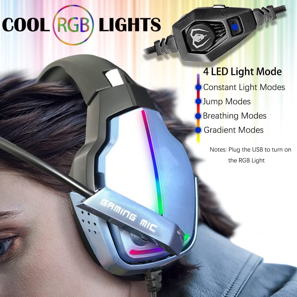 Gaming Headset for PS4 Xbox One Controller Laptop Mac Over-Ear Gaming Headphones with Microphone RGB Light Noise Cancelling & Volume Control Gaming Headphones with Microphone for PC (W/3.55mm Cable)