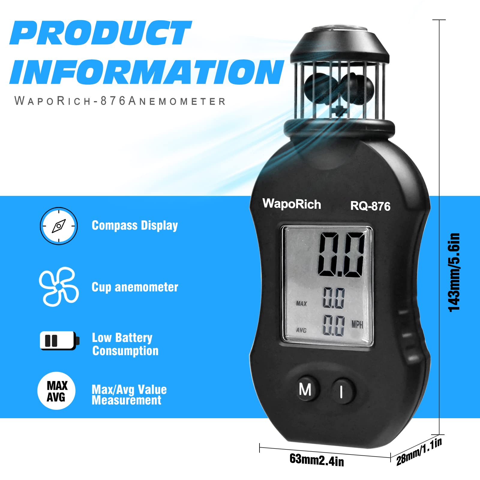 Digital Anemometer Handheld Wind Speed Meter with 360°Rotation Wind Senser with Big LCD Back-Light for Wind Speed/Wind Temperature/Max/Avg for HAVC, Drone Flight, Fishing, Shooting -RQ-876