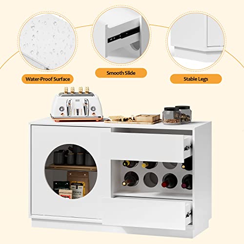 Waktavel Wine Bar Cabinet for Alcohol and Glasses, Buffet Cabinet with Storage,Alcohol Cabinet Small Liquor Cabinet Drawers, Sideboard Buffet Pantry Cabinet for Dining Room, White