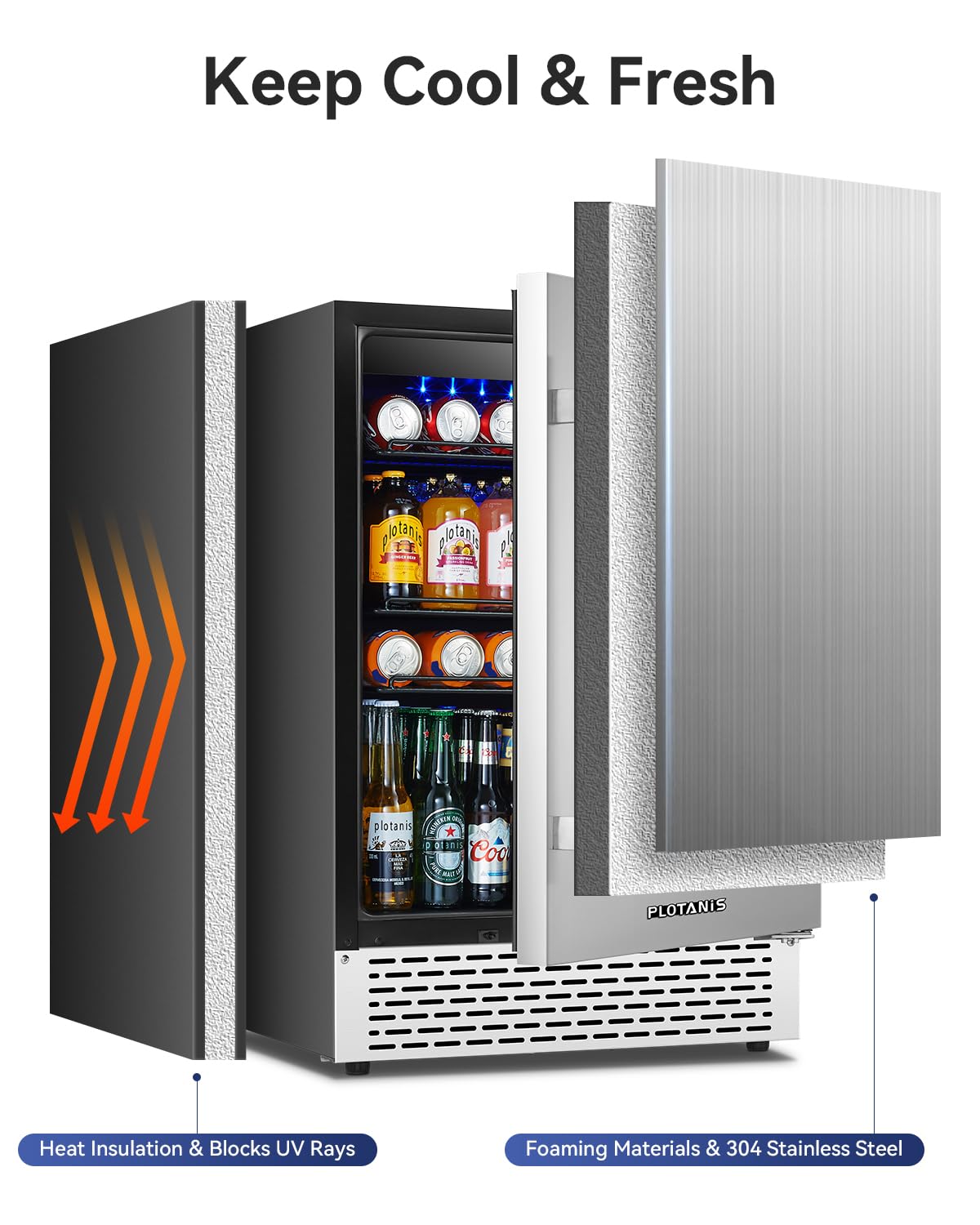 Plotanis 24 Inch Beverage Refrigerator 190 Cans Beverage Fridge with Stainless Steel Door Built-in or Freestanding Beverage Cooler with Adjustable Shelves for Soda Beer or Wine