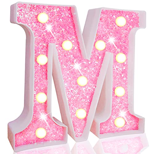 Pooqla LED Marquee Letter Lights, Light Up Pink Letters Glitter Alphabet Letter Sign Battery Powered for Night Light Birthday Party Wedding Girls Gifts Home Bar Christmas Decoration, Pink Letter M
