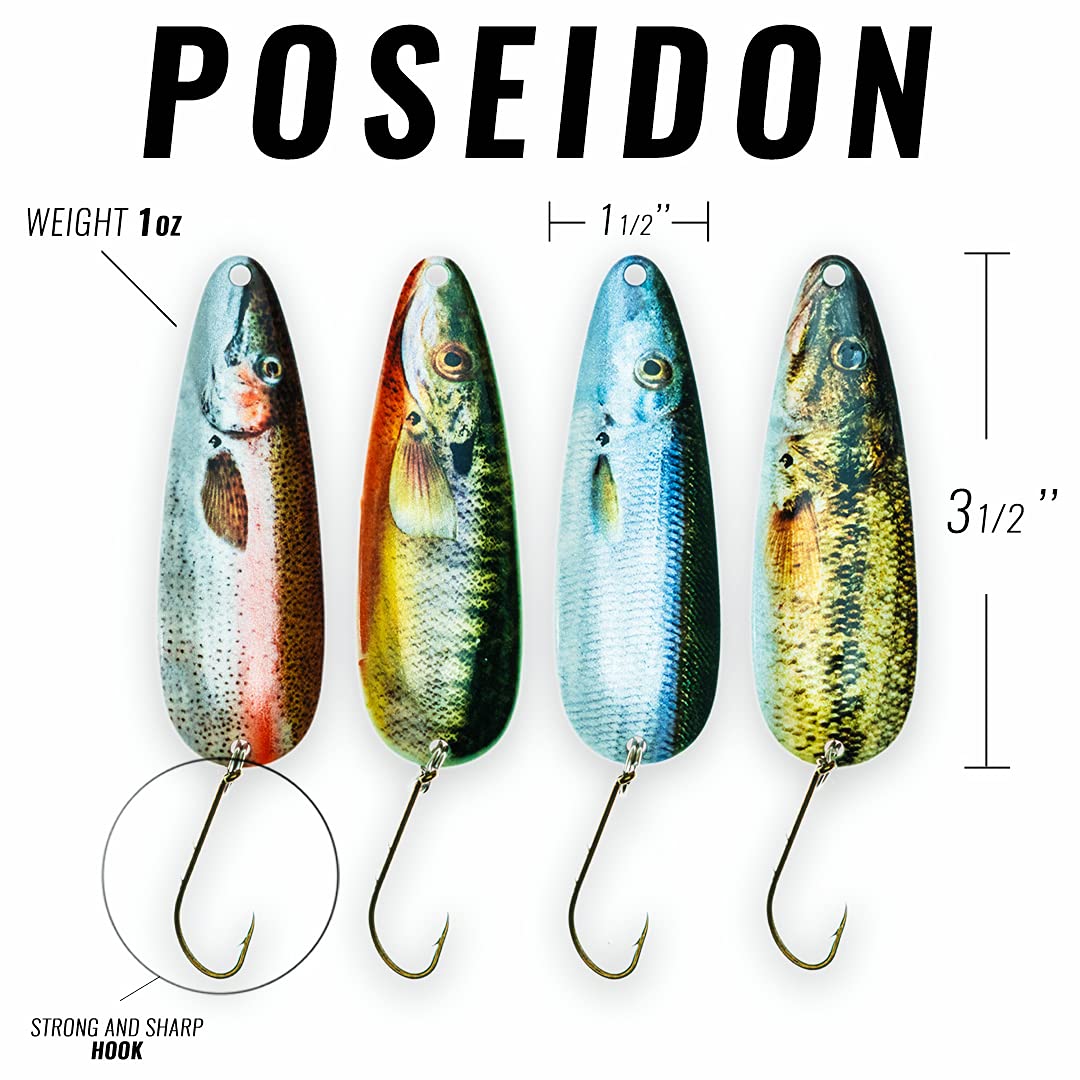 ETIC Poseidon 3 ½", 1oz Fishing Spoons Kit 100% Made of Brass, 4 pcs Fishing Lures, Tackle, Hooks, Baits, Spinning, Casting, Trolling for Trout, Salmon, Pike, Walleye, Bass and Mores