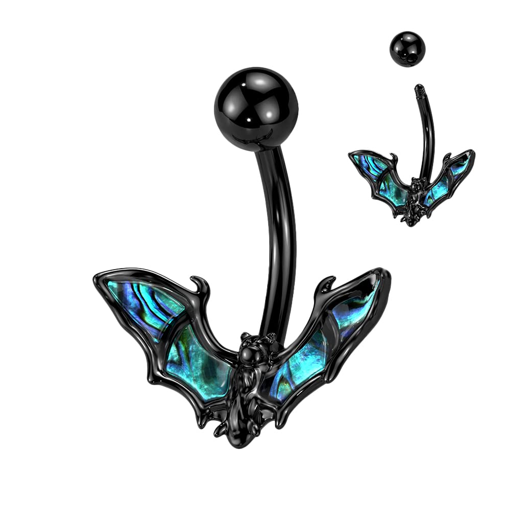 Dynamique Bat with Abalone Shell Wings 316L Surgical Steel Belly Button Ring (Sold Per Piece)