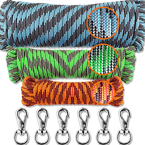 Wellmax Diamond Braided Nylon Rope with Uv Treatment and Weather Resistant, 3 Pack 1/4" x 20/40/80ft Multi-Color and 6 Bonus Quick Links