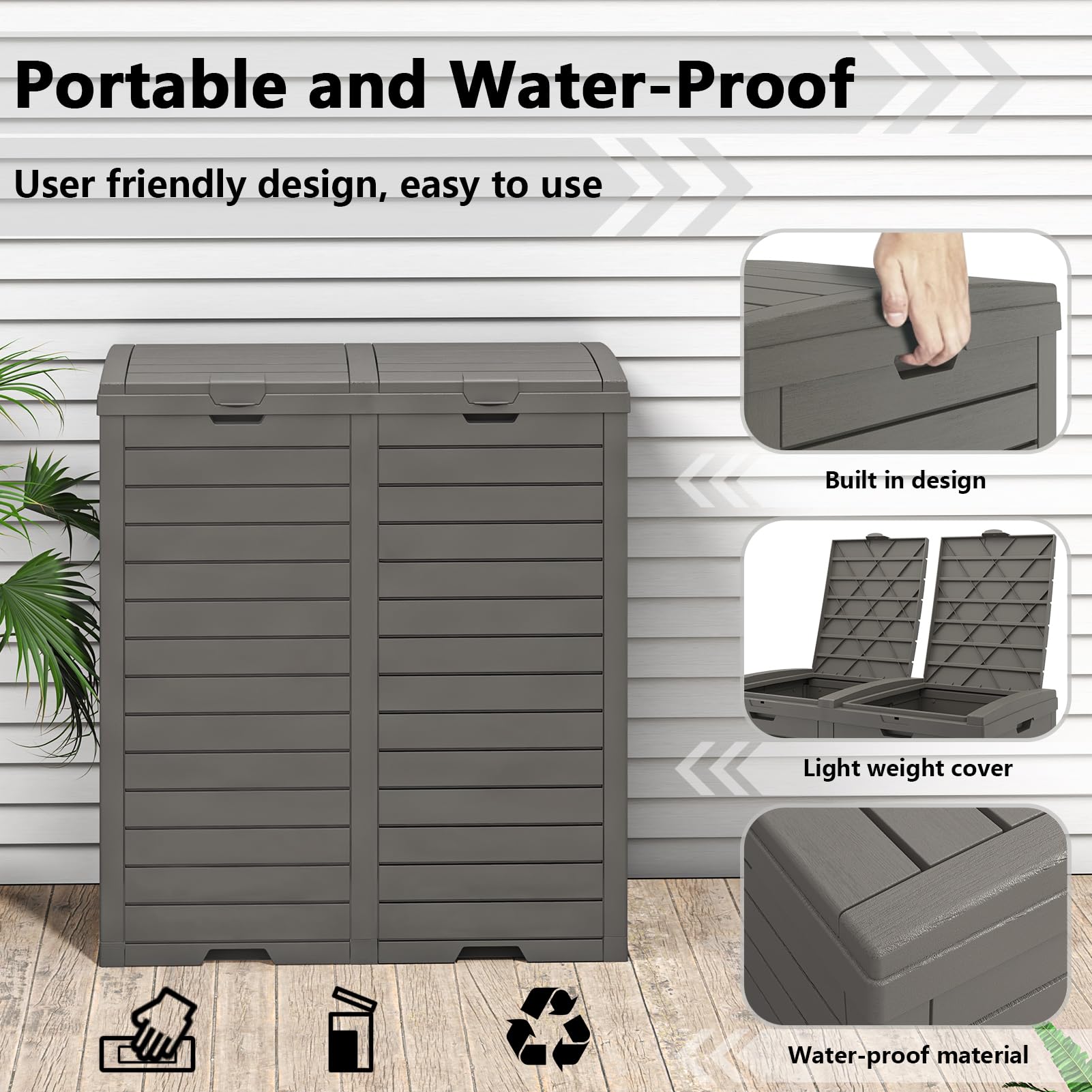 Outdoor Trash Can, 62 Gallon Waterproof Garbage Can with Tiered Lid and Drip Tray, Resin Outside Trash Bin for Patio, Backyard, Deck
