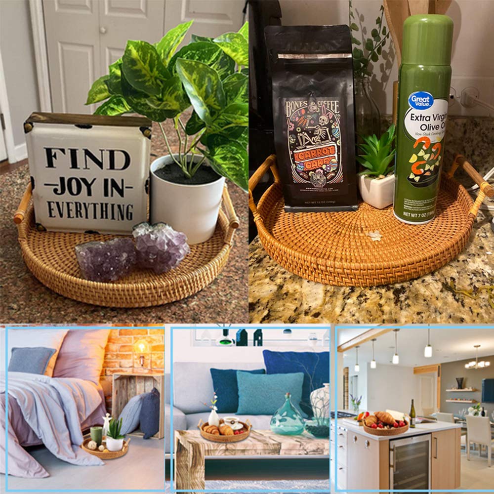 Handmade Rattan Round Woven Basket, Round Serving Tray with Handles, Food Serving Baskets, Basket, Great to Display Bread Or Fruit (10.6", 1pc)