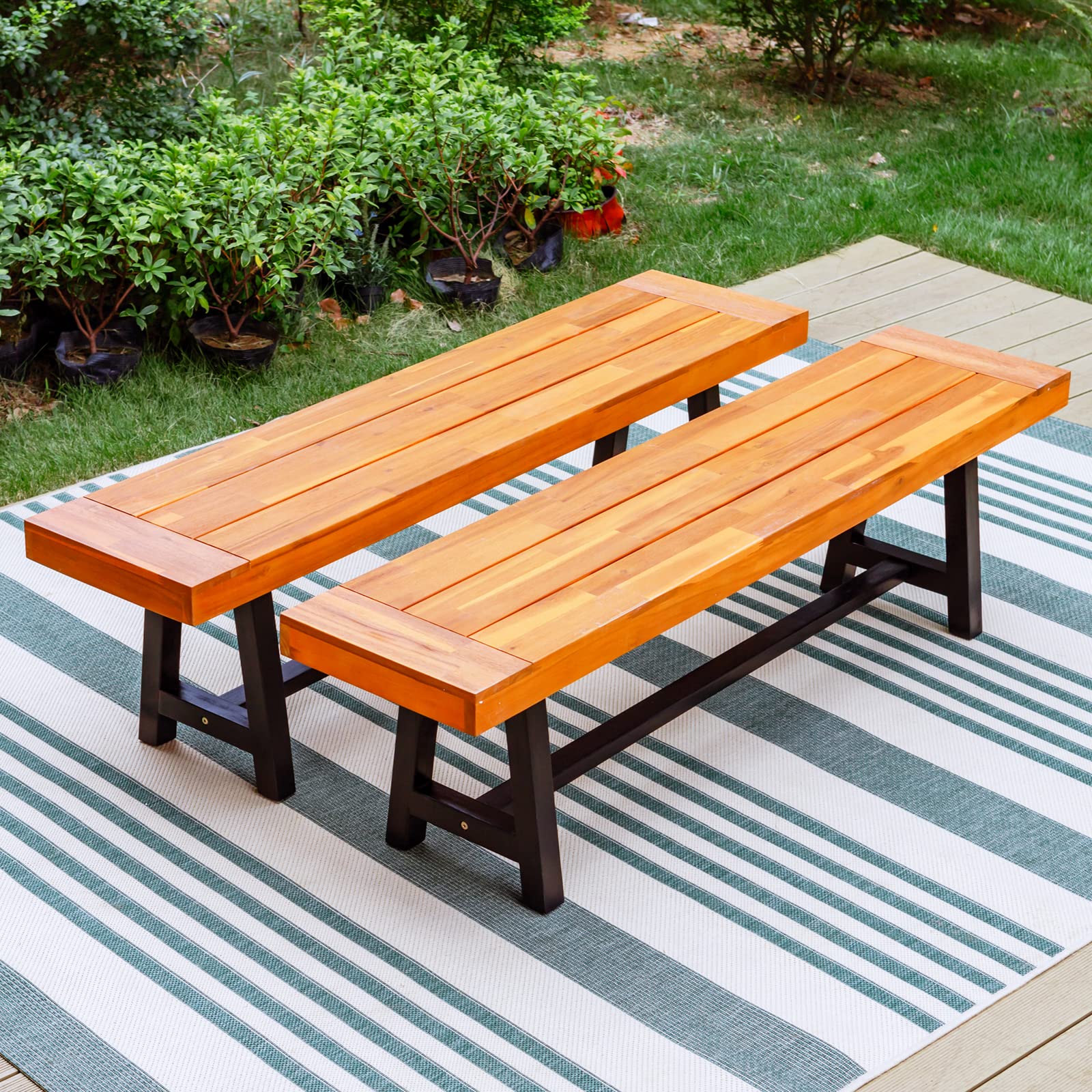 Sophia & William Outdoor Patio Acacia Wood Benches Set of 2 63.0" L x 14.4" W x 17.9" H, Oil Backless Wooden Garden Park Bench for Patio Porch, Modern Slim Outdoor Dining Furniture,Teak Color