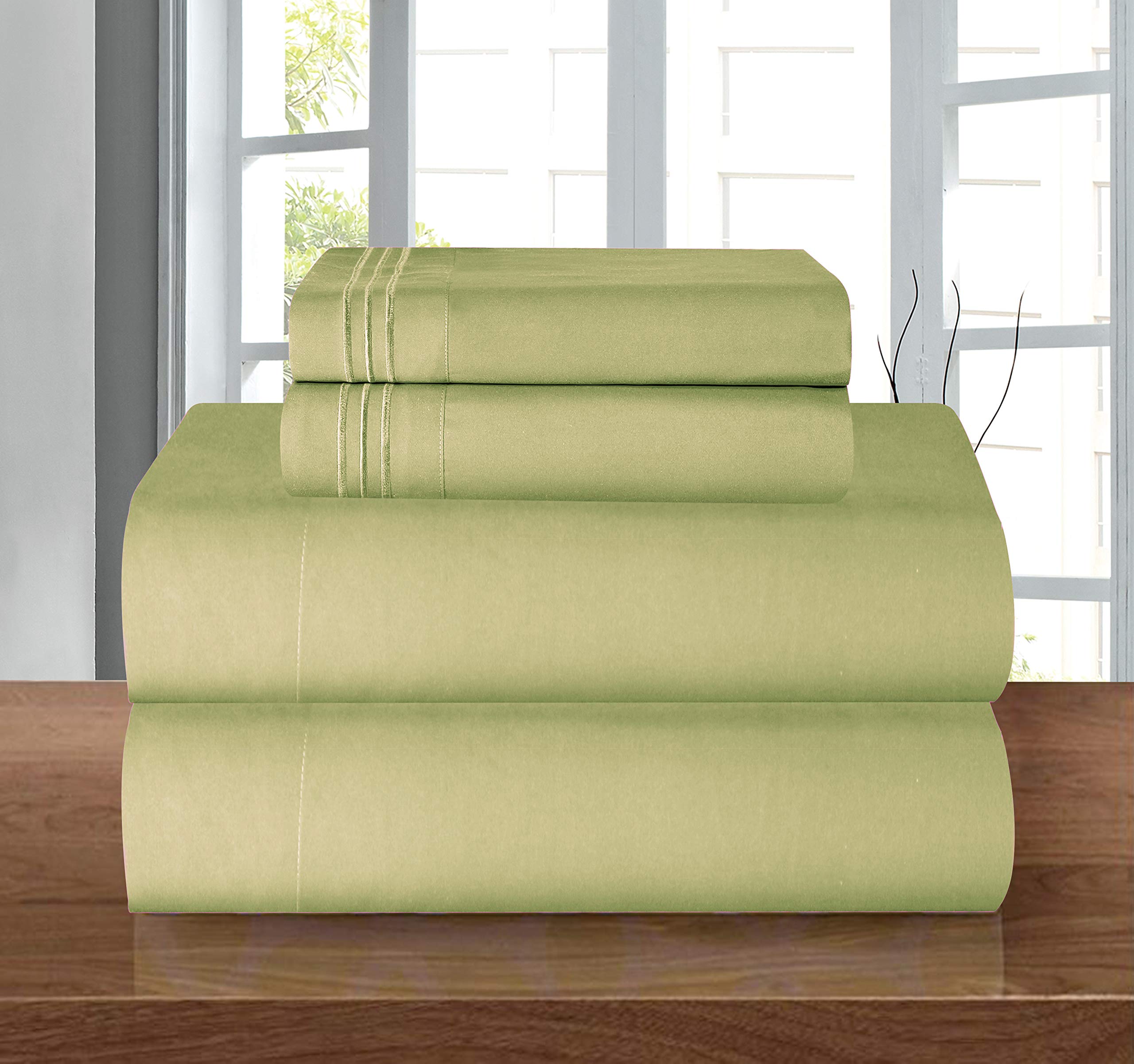 Elegant Comfort Luxurious Soft 1500 Premier Hotel Quality 4-Piece Bed Sheet Set Wrinkle and Fade Resistant Bedding Set, Deep Pocket up to 16inch, Full, Sage/Green