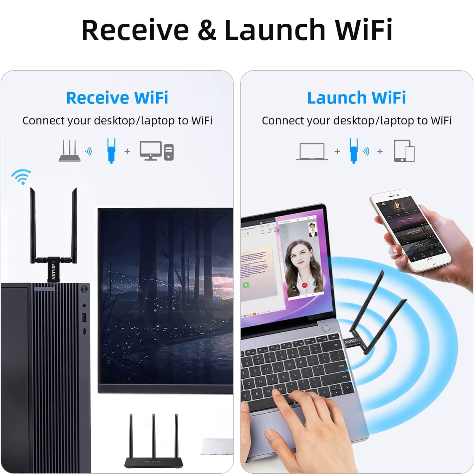 NETVIP USB WiFi Adapter for PC, 1200Mbps Wireless Network Adapter with 2 * 5dBi High Gain Antennas and USB 3.0 Cradle, Dual Band 2.4GHz 5GHz WiFi Dongle for Windows 11/10/7/8/8.1/XP/Mac OS 10.9-10.15