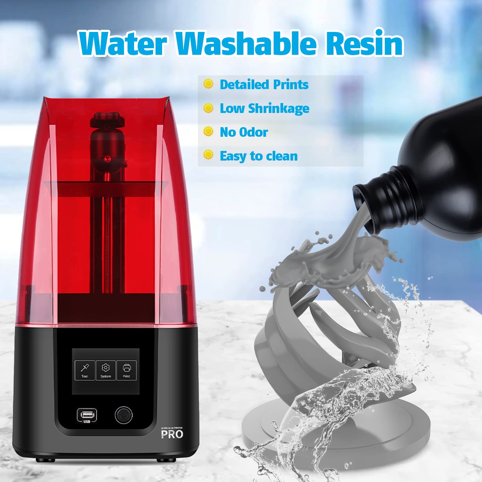 Water Washable 3D Printer Resin - 405nm Water Wash Resin, Low Odor LCD UV Curing 3D Printing Resin β Easy to Clean Photopolymer Resin for SLA 3D Printer (Grey, 1KG)