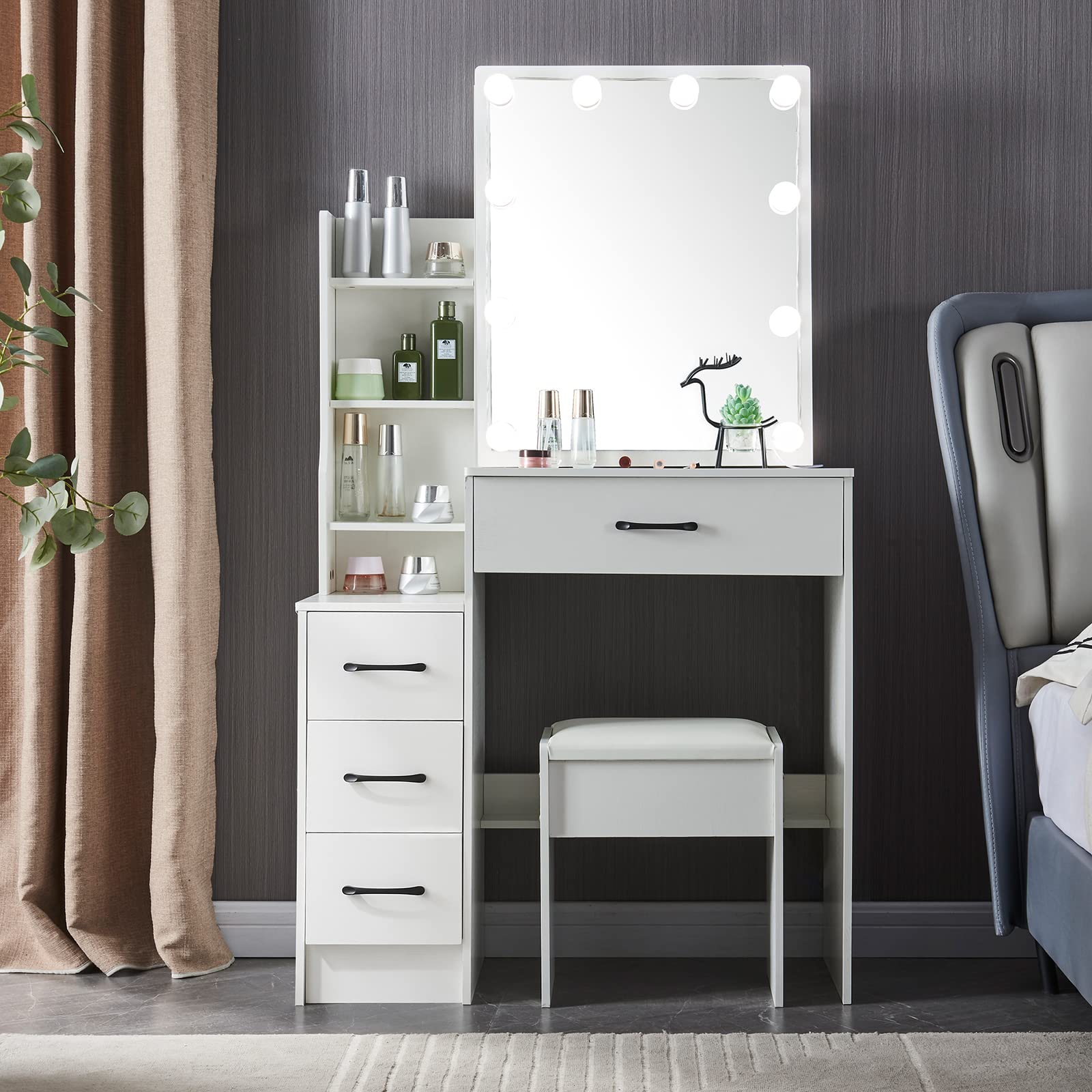 Dradaomull Makeup Vanity with Lights, Modern Vanity Desk with Chair, 4 Large Drawers Dresser with Sliding Mirror, 3 Lighting Modes and Brightness Adjustable for Bedroom White