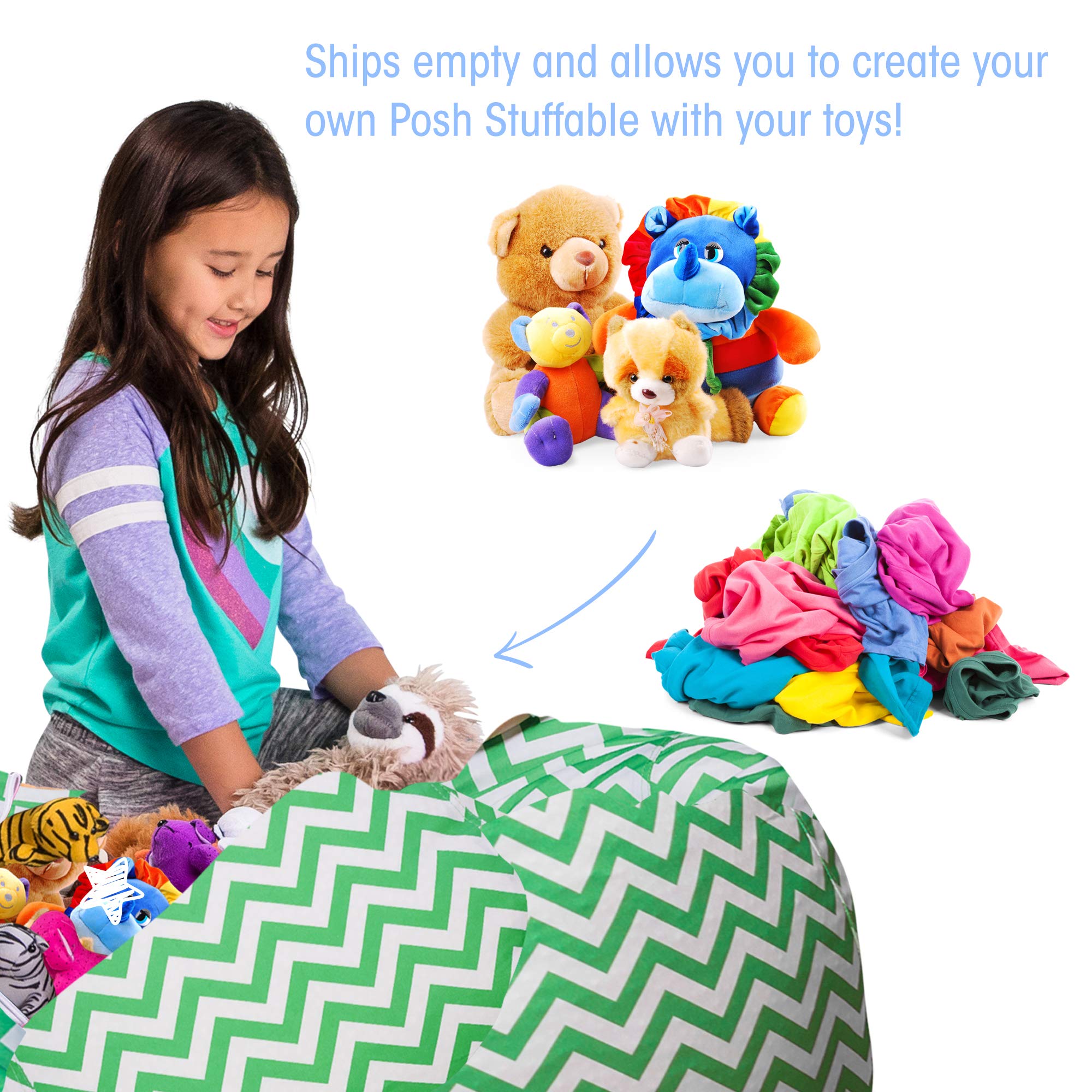 Posh Stuffable Kids Stuffed Animal Storage Bean Bag Chair Cover - Childrens Toy Organizer, X-Large 48" - Pattern Chevron Green and White