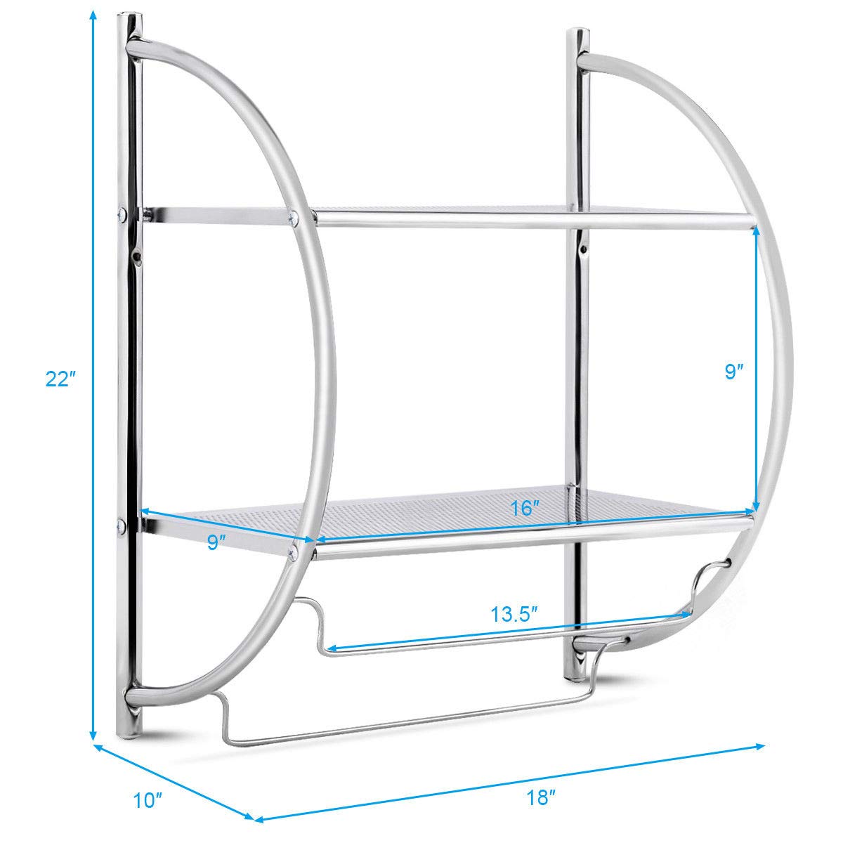 Tangkula Bathroom Shelf, 2 Tier Wall Mounted Bathroom Shelves with Bars, Double Layer Ventilate Racks, Rustproof Chrome Over Toilet Wall Shelf, Bathroom Organizer for Kitchen, Living Room