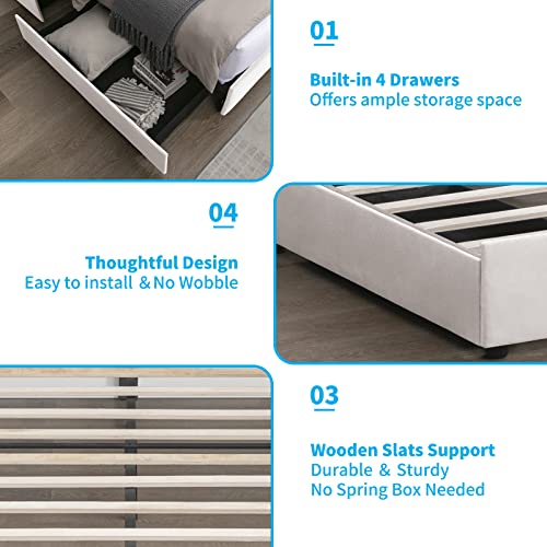Mjkone Queen Platform Bed Frames with 4 Storage Drawers, Velvet Upholstered Bed Frame Has Adjustable Button Tufted Headboard, No Box Spring Needed/Easy Assembly/No Mattress (Beige, Queen Size)