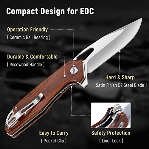 KEXMO Pocket Knife for Men - 2.96'' Ultra Sharp D2 Blade Rosewood Handle Folding Pocket Knife with Clip - Small EDC Wood Knife for Tactical Survival Camping Hunting Gift for Men Dad Husband Women