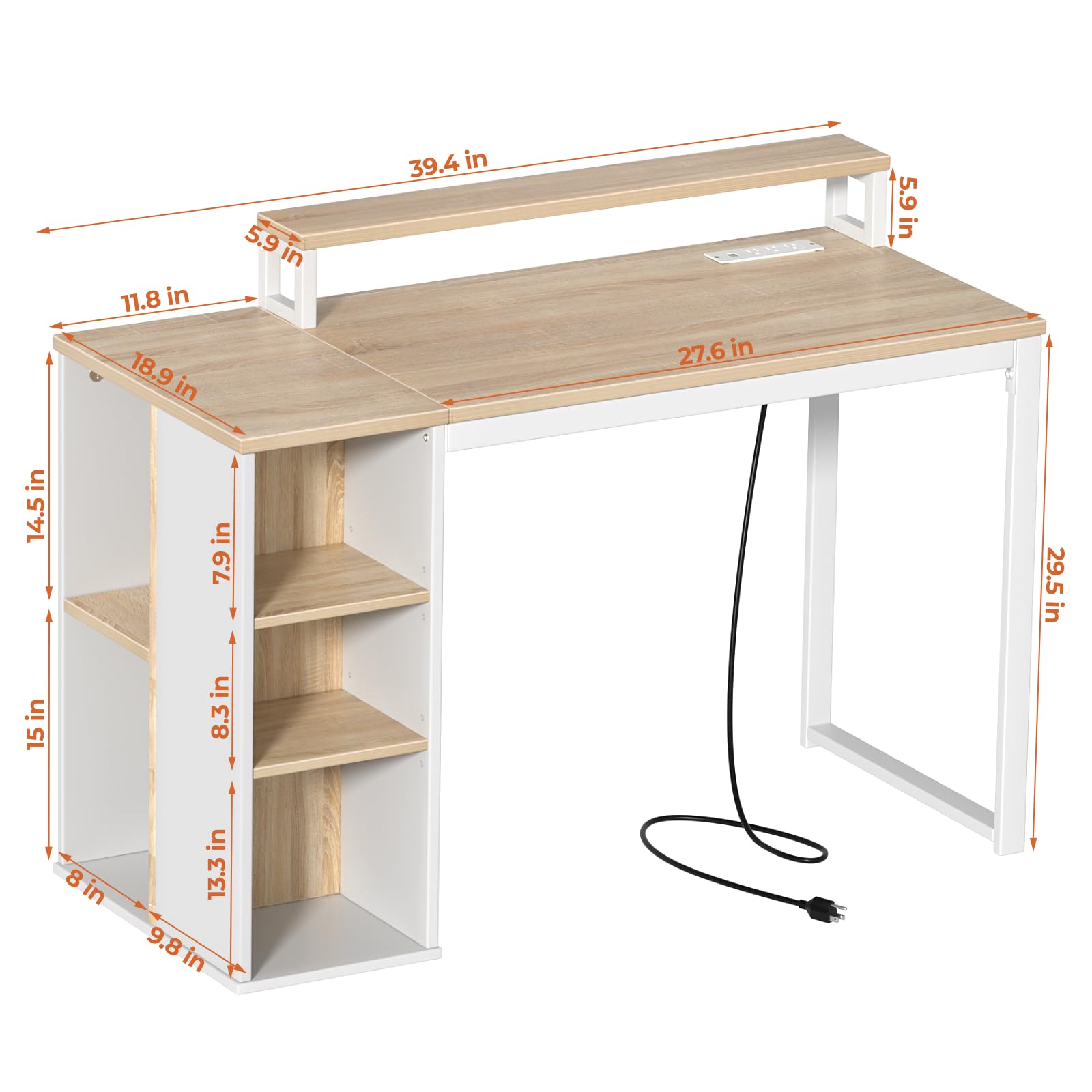 SOROGRA Small Computer Desk with Storage Shelves 39.4 inch Home Office Desk with LED Lights and Power Outlets, Writing Desk with Monitor Stand for Bedroom, Small Space, Oak