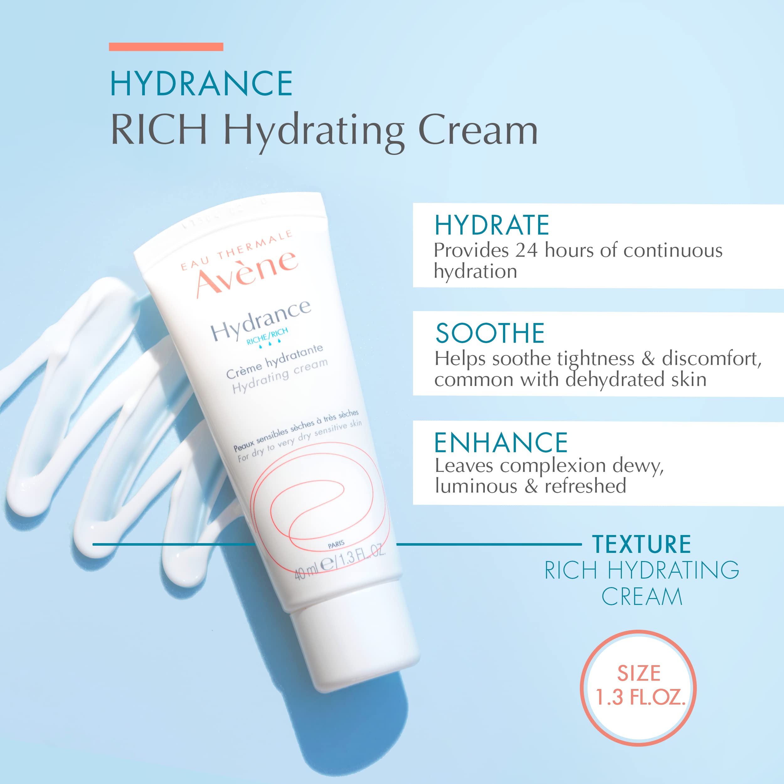 Eau Thermale Avène Hydrance RICH Hydrating Cream, Daily Face Moisturizer, Non-Comedogenic, 1.3 Fl Oz (Pack of 1)