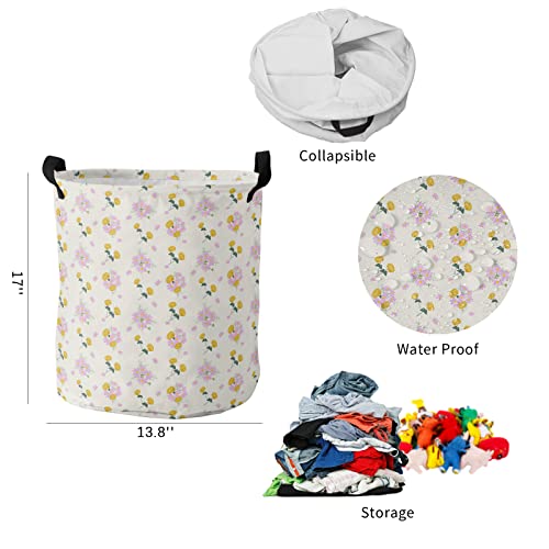 Laundry Basket Hamper with Handles, Spring Floral Collapsible Laundry Basket Waterproof Cloth Laundry Hamper Easy Carry Storage Basket 13.8x17 In Farmhouse Rural Flowers Yellow Backdrop