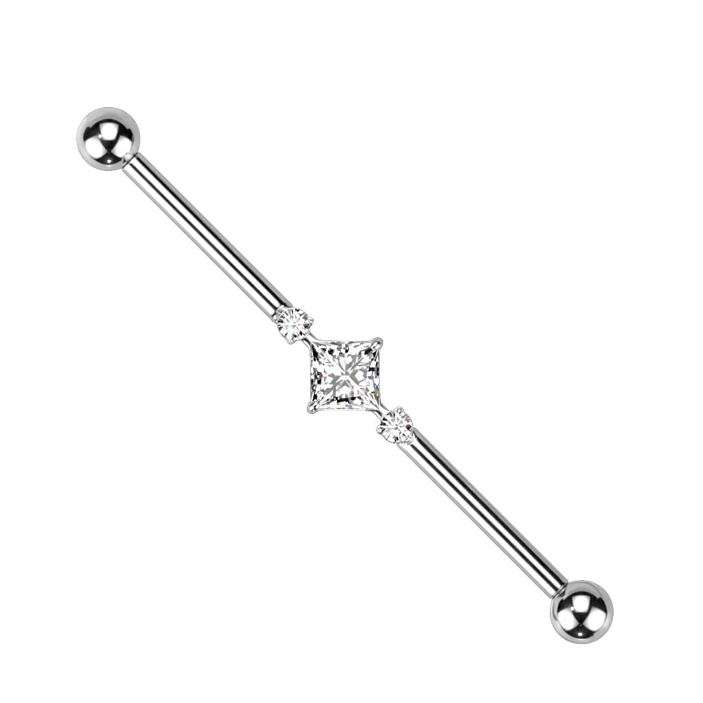Dynamique Implant Grade Titanium Internally Threaded Industrial Barbell With 2 Round CZ And Square CZ Center (Sold Per Piece)