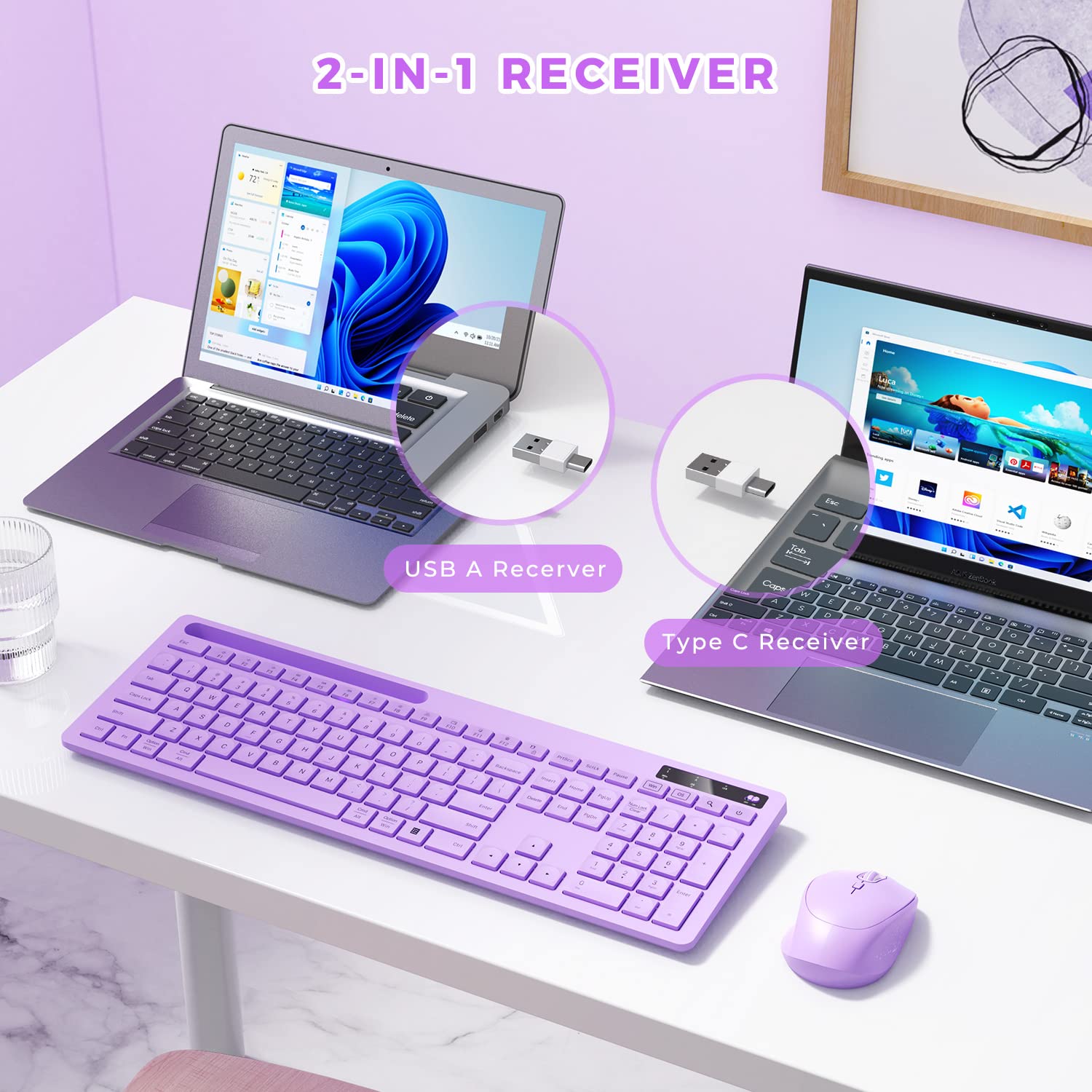 Keyboard and Mouse Wireless, Vivefox Wireless Keyboard with Phone Holder USB A & Type C Receiver Cute Keyboard and Mouse Compatible for Windows, Mac, MacBook/Air/Pro Computer (Purple)