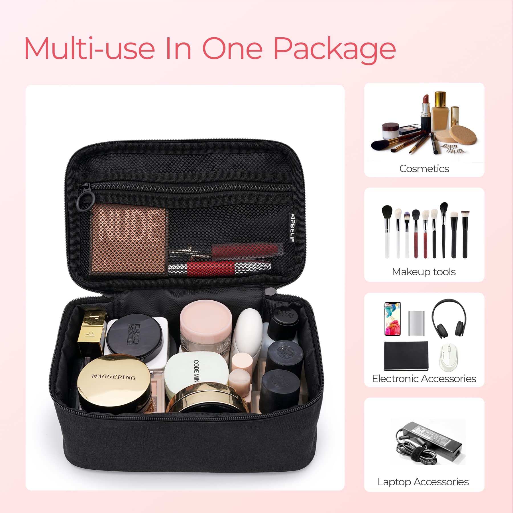 KIPBELIF Travel Makeup Bag Organizers- Multifunction Double Layer Make up Cosmetic Bags with Carry Handle