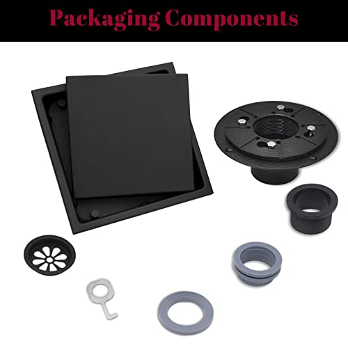 Fibetter 6 Inch Tile Insert Square Shower Drain with Flange Base, 2 in 1 SUS 304 Stainless Steel Shower Drain - Matte Black