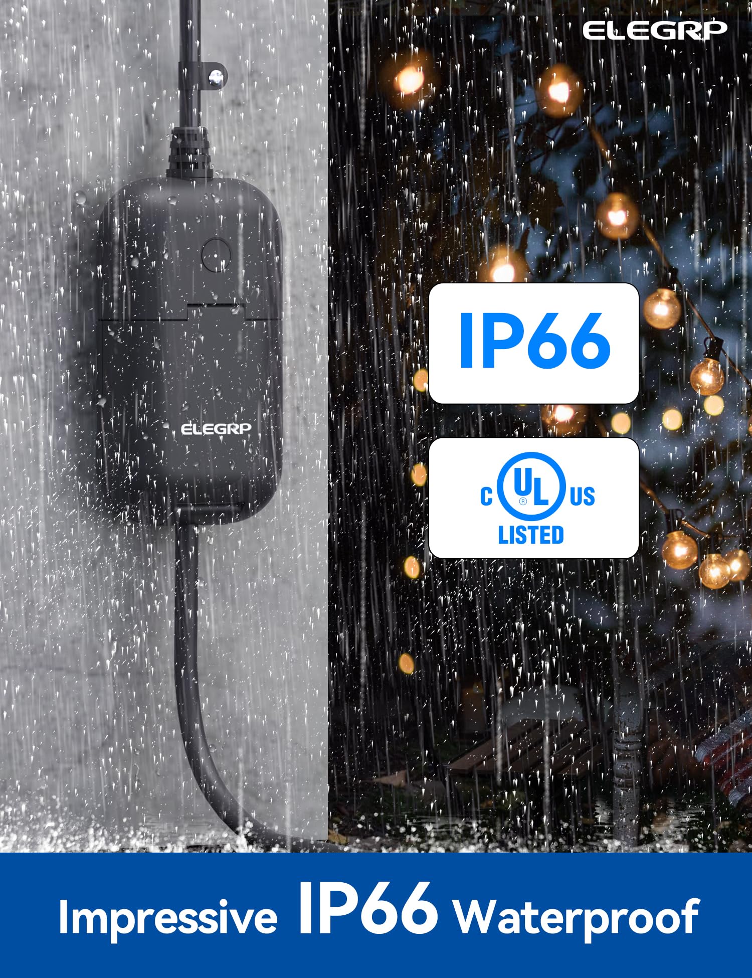 ELEGRP PQR10 Outdoor Smart Plug Waterproof IP66, WiFi Plug Compatible with Alexa & Google Assistant, Smart Outdoor Outlet for String Lights, No Hub Required, 400W Max, UL Certified, 1 Pack, Black