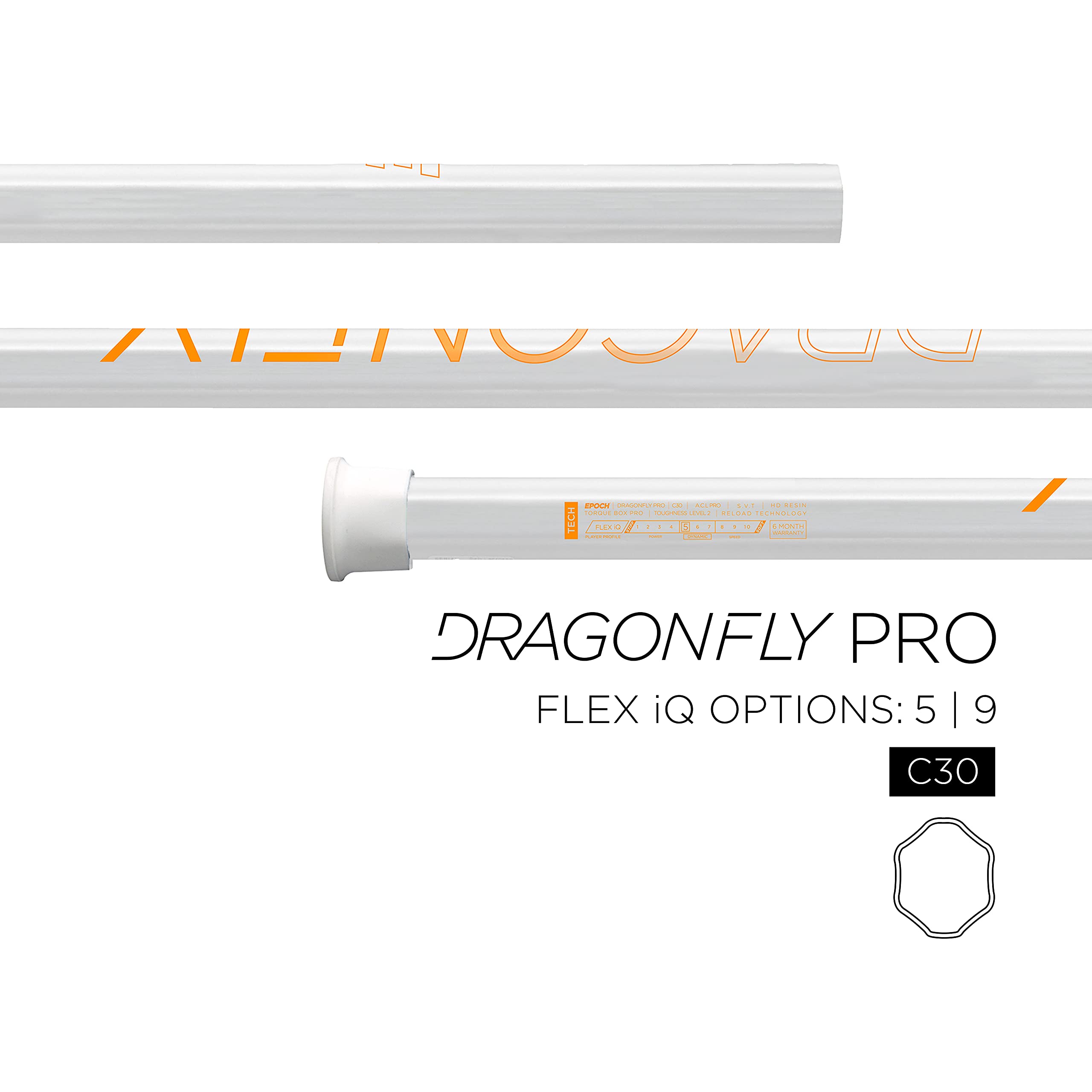 Epoch Dragonfly Pro Lacrosse Shaft for Attack/Midfield, 30", Mid-Flex iQ5, with Removable End Cap, C30, Techno Orange