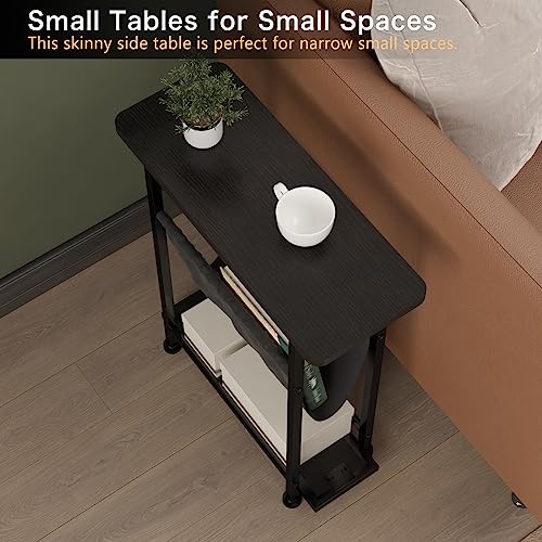 Walmokid 3 Tier Side Table with Magazine Holder, Industrial End Table with Open Storage, Wooden Bedside Table, Sofa Table, Nightstand for Living Room, Bedroom, Small Spaces, Easy Assembly, Black