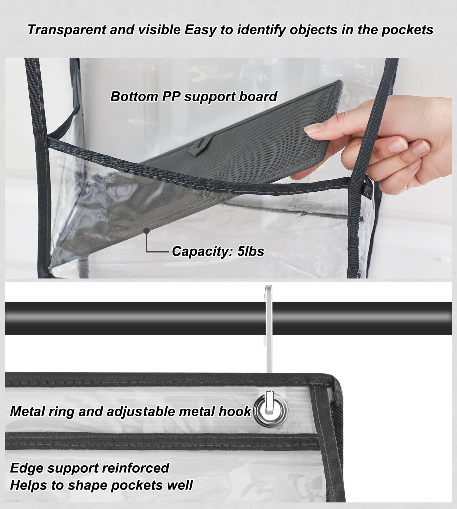 Fixwal 6-Shelf Over The Door Hanging Pantry Organizer Hanging Storage with Clear Plastic Pockets Behind The Door Storage Organizer with 3 Small PVC Pockets for Closet Bedroom Bathroom (Grey)