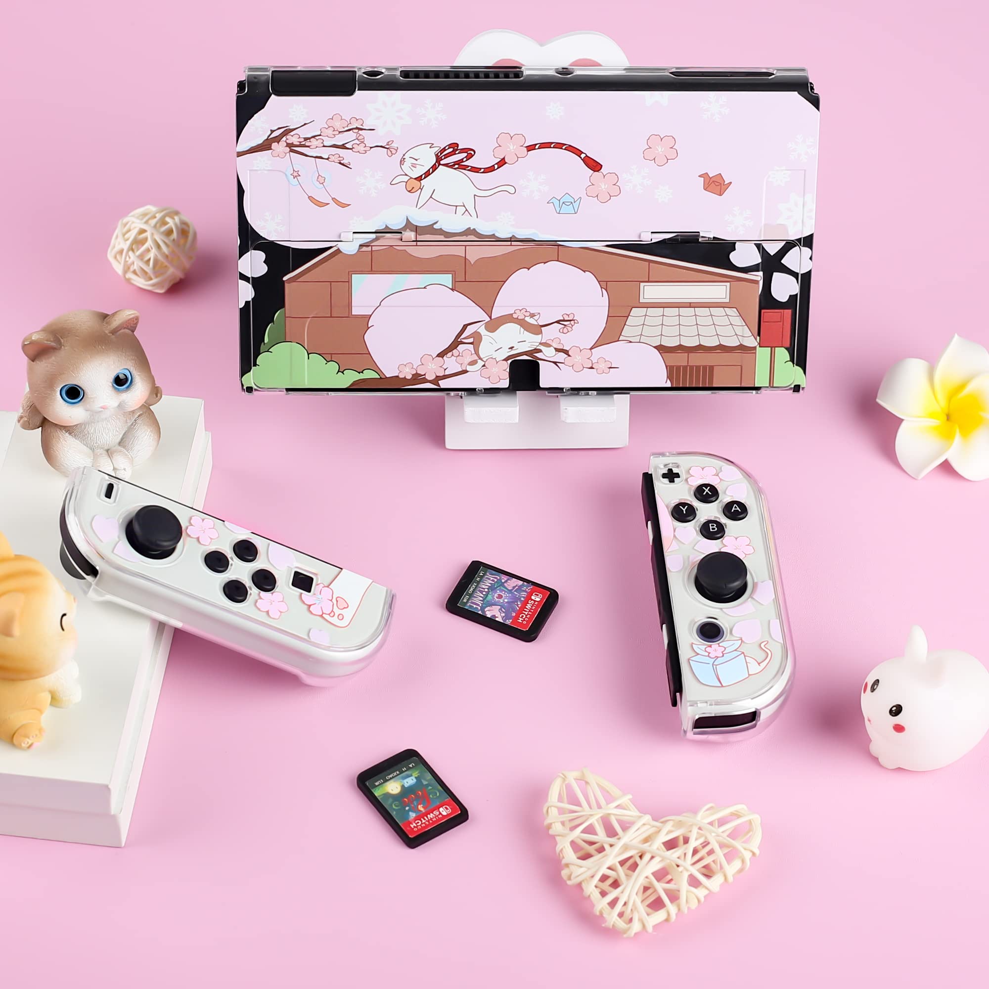 FANPL Cute Case Compatible with Nintendo Switch OLED, Case Cover with Sakura Cat Pattern for Switch OLED Console & Joycon, Hard PC Flip Shell with Ergonomics Grip Case, Kawaii Dockable Skin for Girls