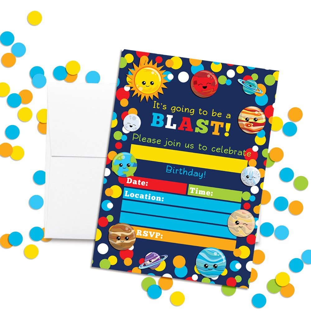 Space Invites Happy Planets– Outer Space Birthday Invitations for Kids, 20 5x7 Fill In Cards with Twenty White Envelopes for Your Outer Space Birthday by AmandaCreation