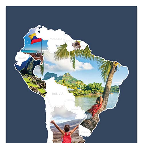 South America Photo Map - Travel Sticker Collage - 24 x 36β - Made in USA (Dark Blue, No Frame Hanger)