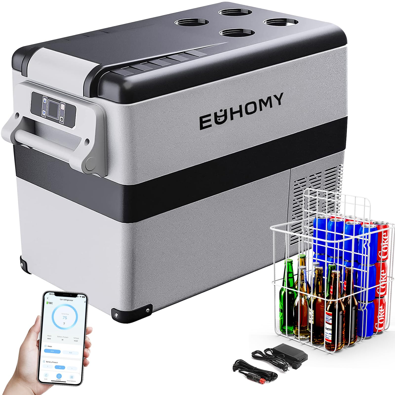 EUHOMY 12 Volt 45 Liter Car Refrigerator with Bluetooth APP Control, 12/24V DC & 110V AC, Portable Freezer Fridge Cooler for Car, RV, Camping, Home Use