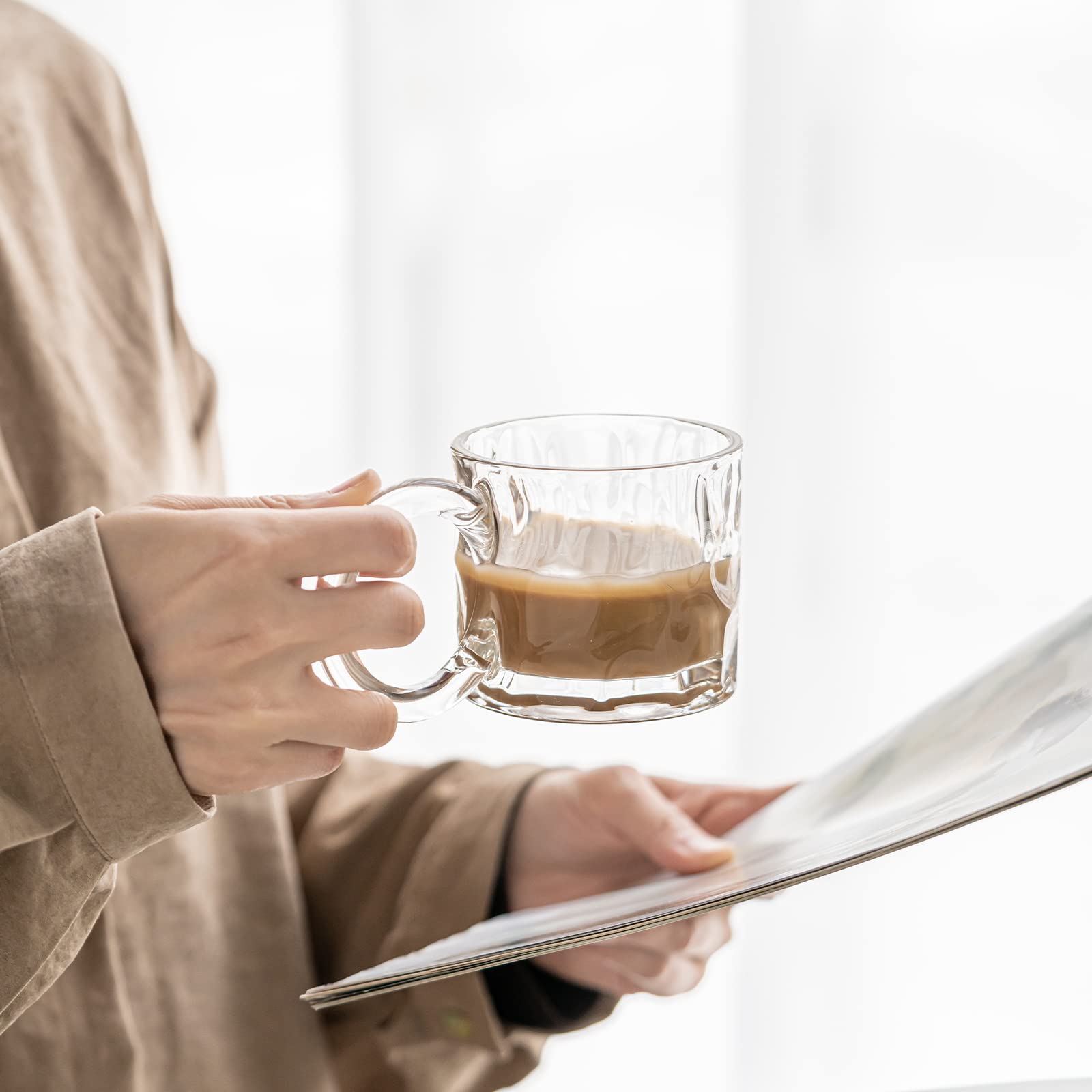HolaJia Espresso Cups Glass Coffee Mugs 8.4 Oz Set of 2,Clear Embossed Tea Cups,Vintage Glassware with handle,Demitasse Glasses for Cappuccino,Latte,Hot Beverage(Begonia)
