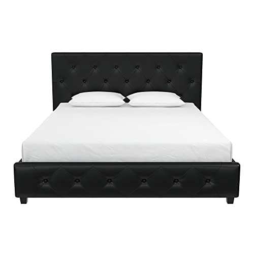 DHP Dakota Upholstered Platform Bed with Diamond Button Tufted Headboard and Footboard, No Box Spring Needed, Queen, Black Faux Leather