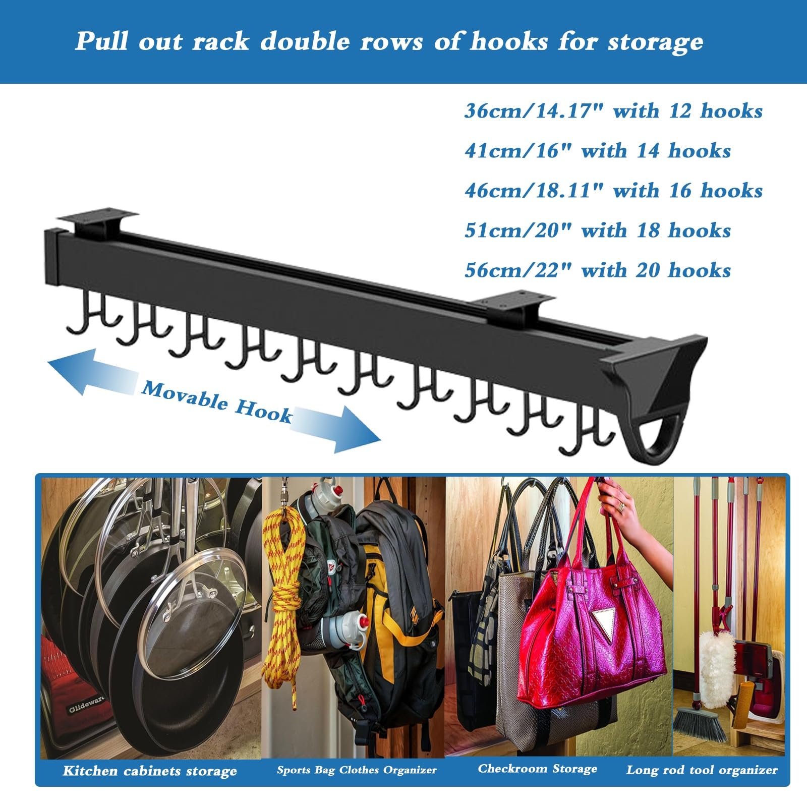 Pull Out Mop Broom Holder & Organizer Tool Racks with 12-20 Heavy Duty Hooks Pull Out Pot And Pan Organizer Multifunctional Sliding Under Cabinet Organization - Kitchen, Closet, Garage Storage ( Size