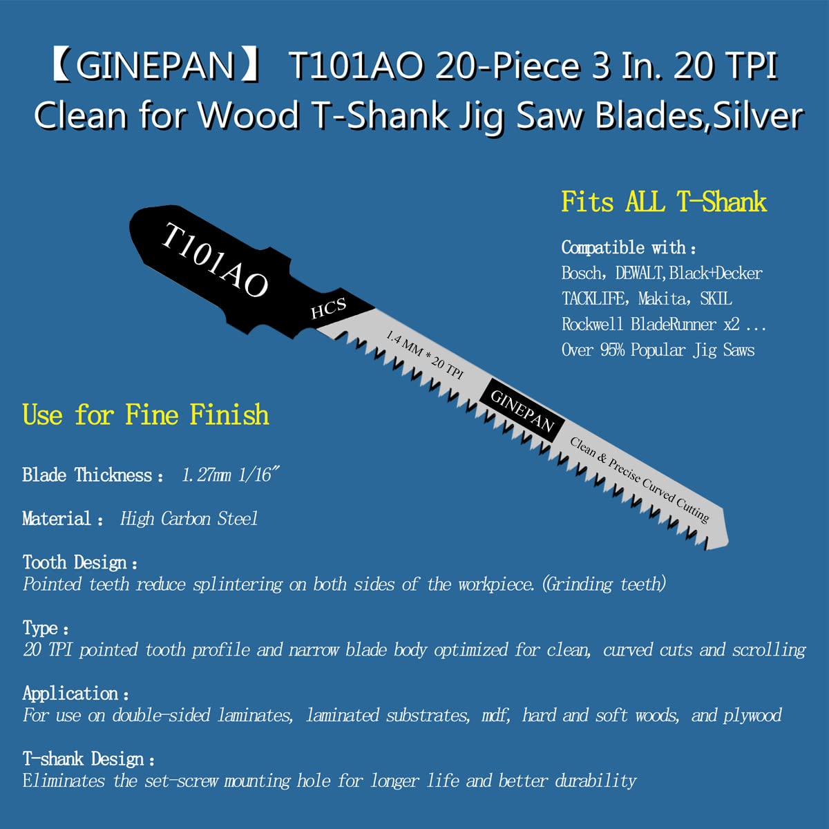 Jigsaw Blades T Shank 20PCS T101AO with Case, Compatible with Dewalt Bosch Black and Decker Jig Saw Blades Set for Wood, 3 in. 20 TPI Curved & Scrolling Fine Finish Cuts