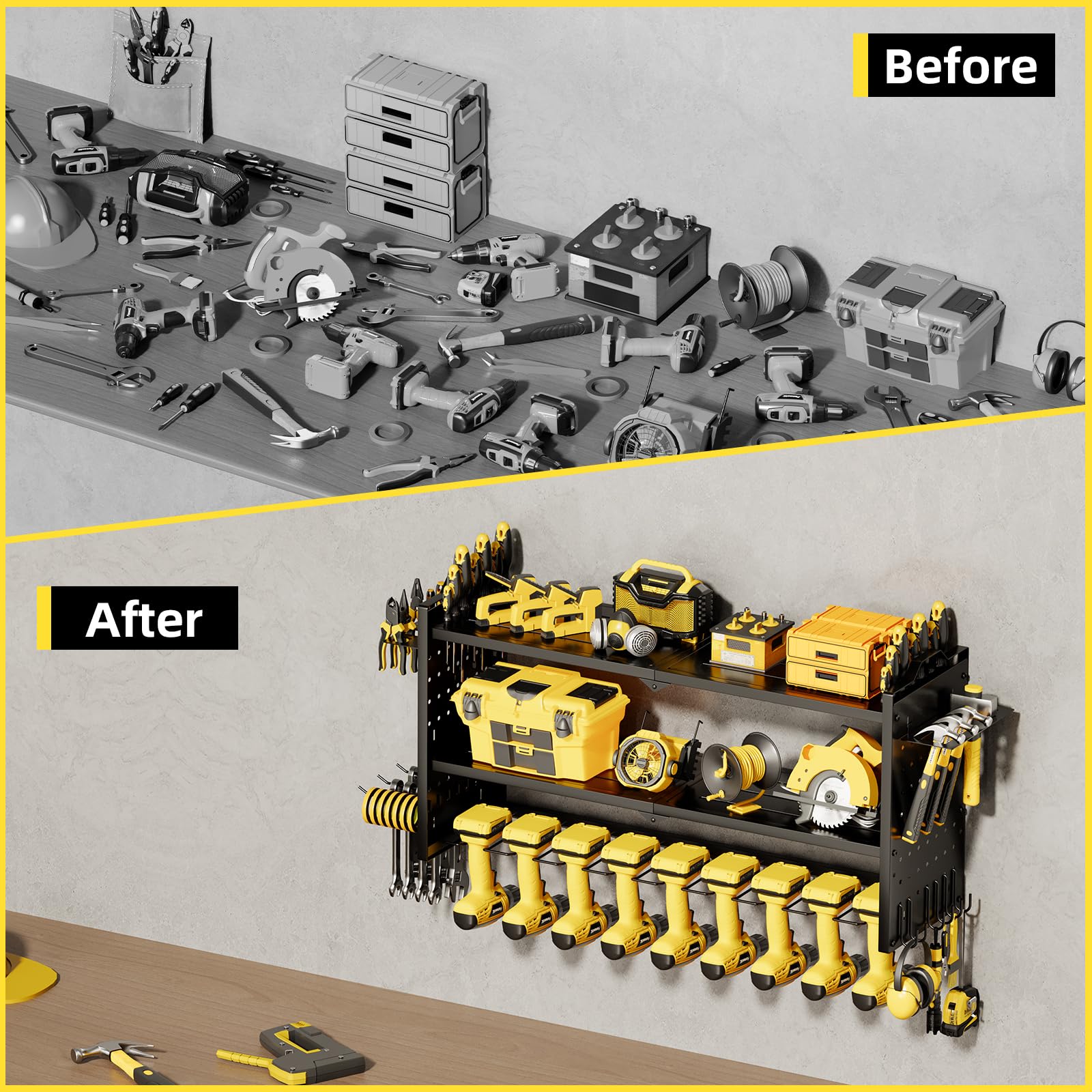 OPENICE Power Tool Organizer, Wall Mount Power Tool Rack with 9 Cordless Drill Holder, 3 Layers Metal Power Tool Organizer - 32 Inches, Black