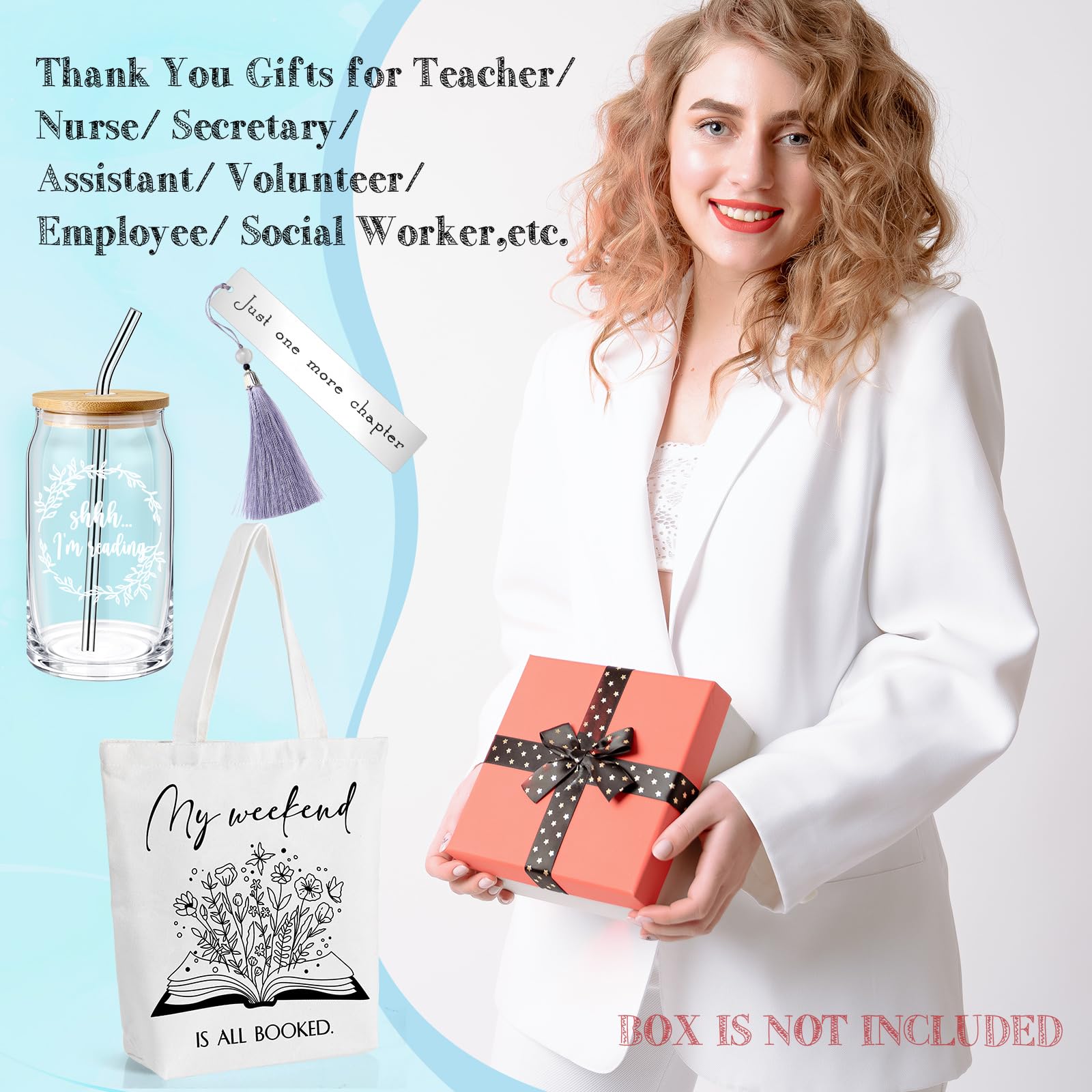 Inbagi Book Lovers Gifts Set Include 16oz Drinking Glass with Bamboo Lid and Straw for Library Tote Bag Stainless Steel Bookmark Gift for Reader Teacher Women(Elegant, 13 x 15 x 4'')