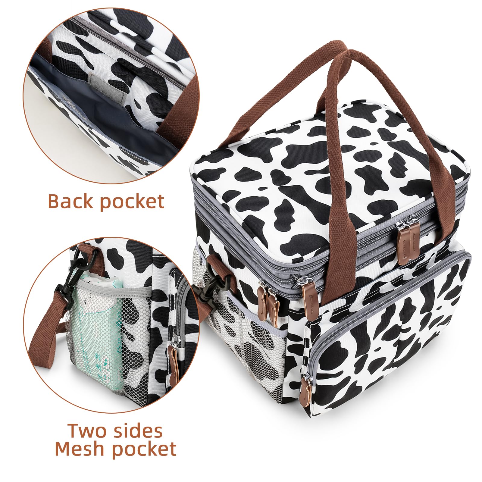 MOV COMPRA Lunch Bag for Women Men Double Deck Expandable Lunch Box,Large Lunch Bags,Leakproof Lunch Box Cooler Bag(Cow Print)