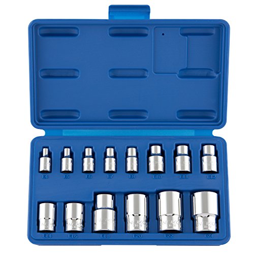 NEIKO 04300A E-Torx Socket Set, 14 Piece, External Torx Socket, E4 to E24, 1/4”, 3/8” and 1/2” Drive, Female Star External Torx, Inverted Torx Socket Set, Cr-V Steel